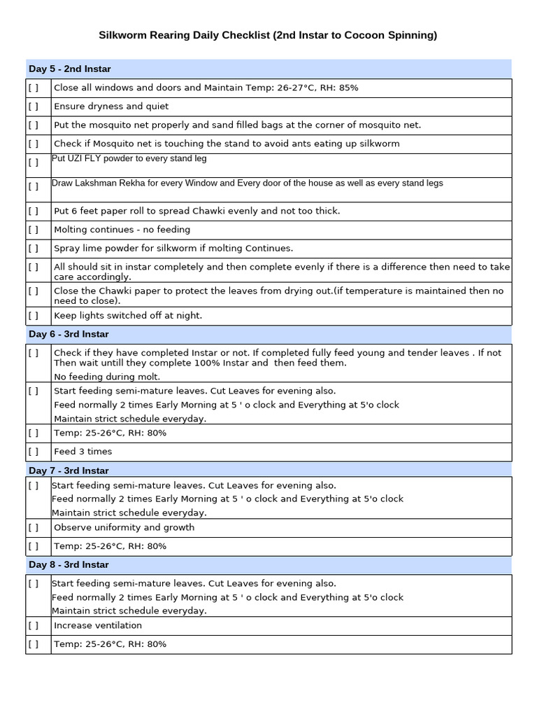 Silkworm Rearing Checklist | PDF