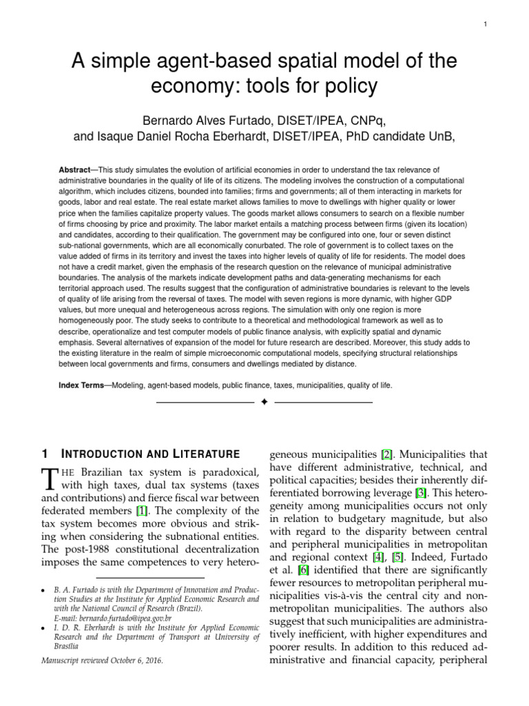 A Simple Agent-Based Spatial Model of The Economy Tools For Policy | PDF | Agent Based Model ...