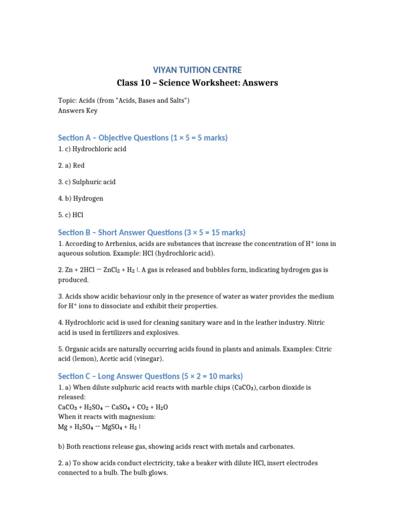 Class 10 Science Worksheet Acids Answers Viyan | PDF
