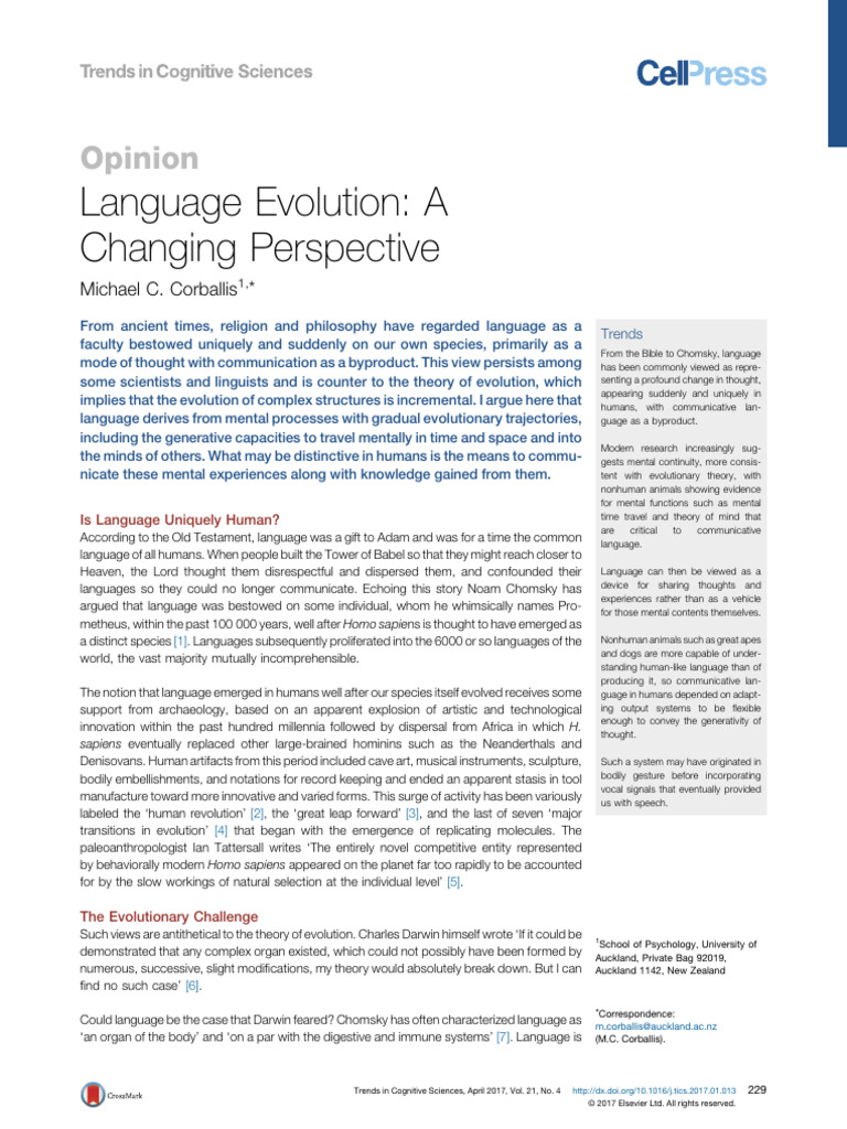 Corballis 2017 Language Evolution | PDF | Theory Of Mind | Gesture