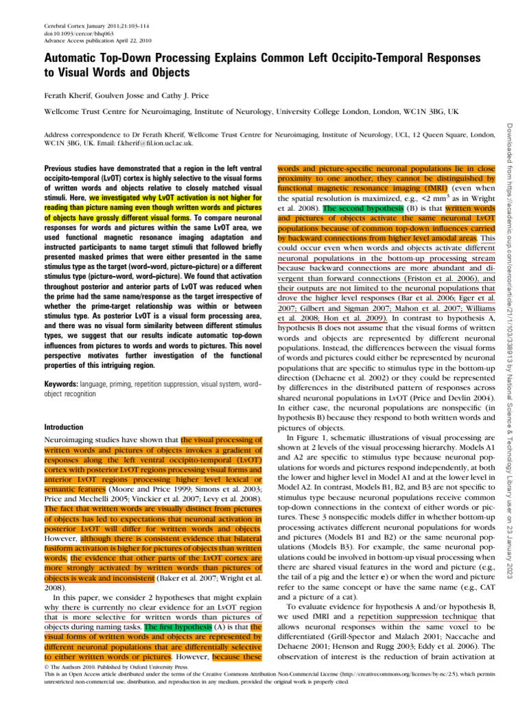 Top-Down Processing in Visual Word Recognition | PDF | Functional ...
