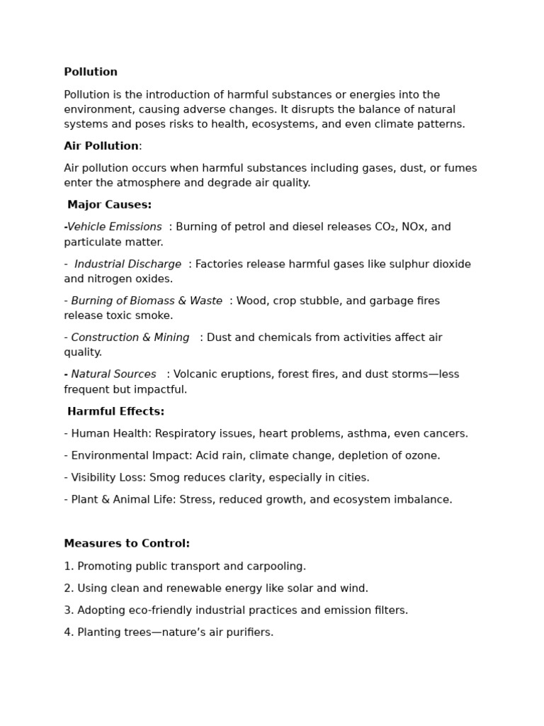Pollution: - Vehicle Emissions Industrial Discharge Burning of Biomass ...