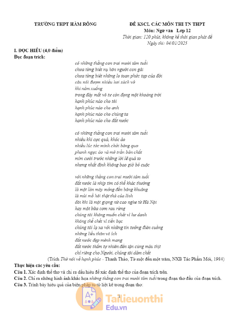 6. Đề Thi Thử Tốt Nghiệp THPT 2025 Ngữ Văn THPT Hàm Rồng - Thanh Hóa - L1 - 2025-Stamped | PDF