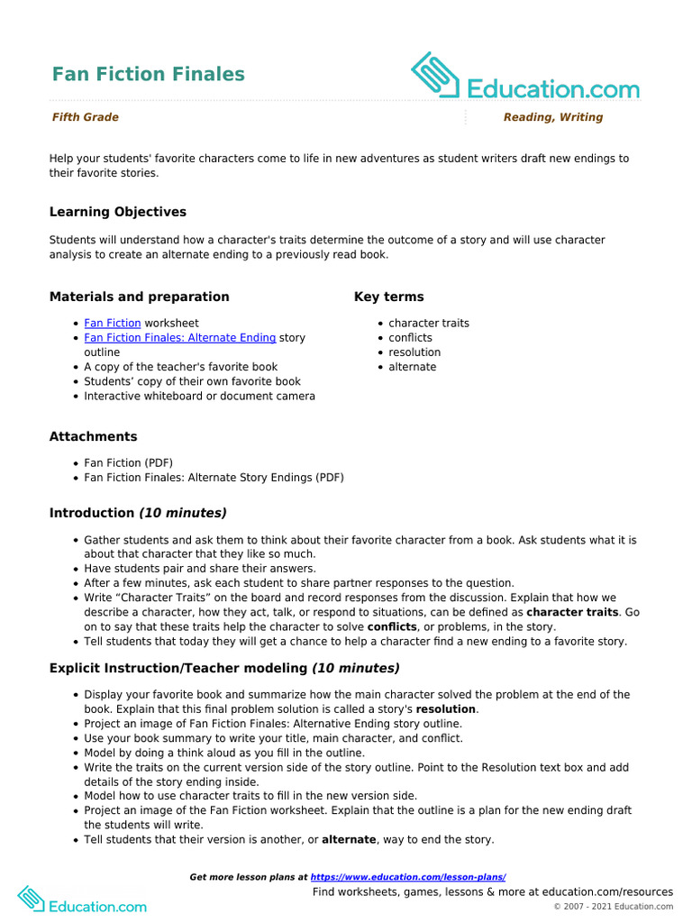 Fan Fiction Lesson Plan for Fifth Grade | PDF | Lesson Plan | Human ...