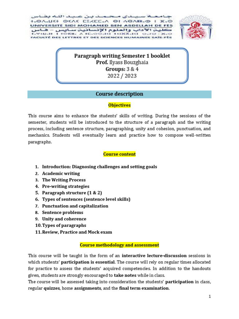 Pr. Bouzghaia Paragraph Writing S1 Booklet | PDF | Ellipsis | Subject ...