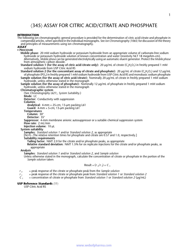 〈345〉 Assay for Citric Acid Citrate and Phosphate | PDF ...
