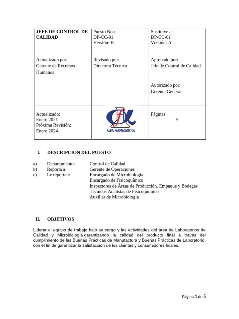 Jefe de Control de Calidad: Funciones y Perfil | PDF | Laboratorios ...
