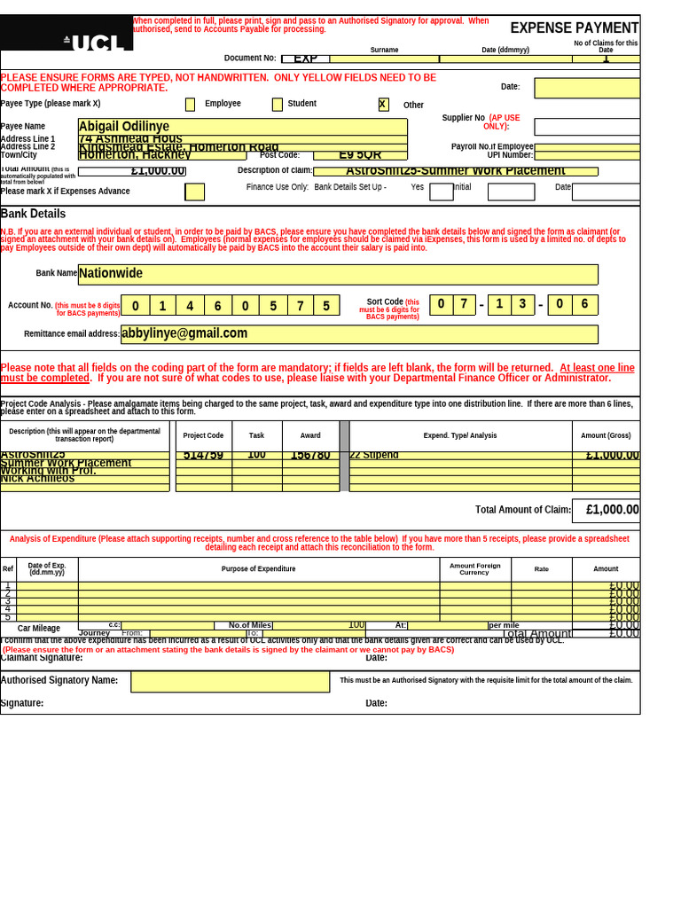 UCL Expense Claim Form Guide | PDF | Payments