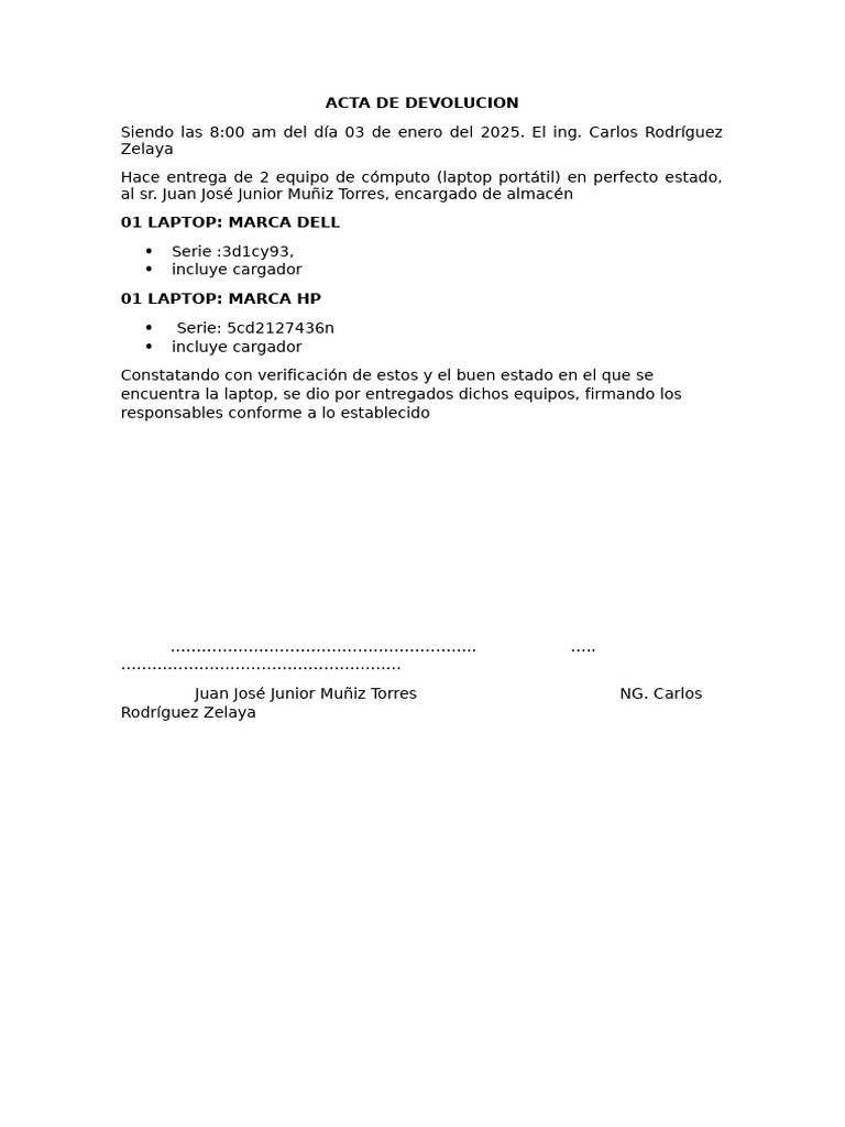 Acta de Devolucion Ing Carlos | PDF