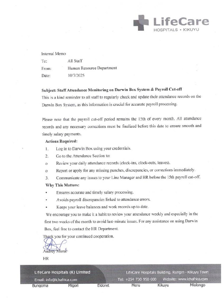 Internal Memo - Darwinbox and Attendance | PDF