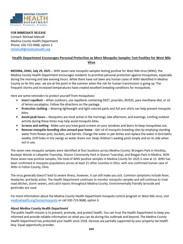 Medina County Health Department Reports West Nile in Mosquito Samples ...