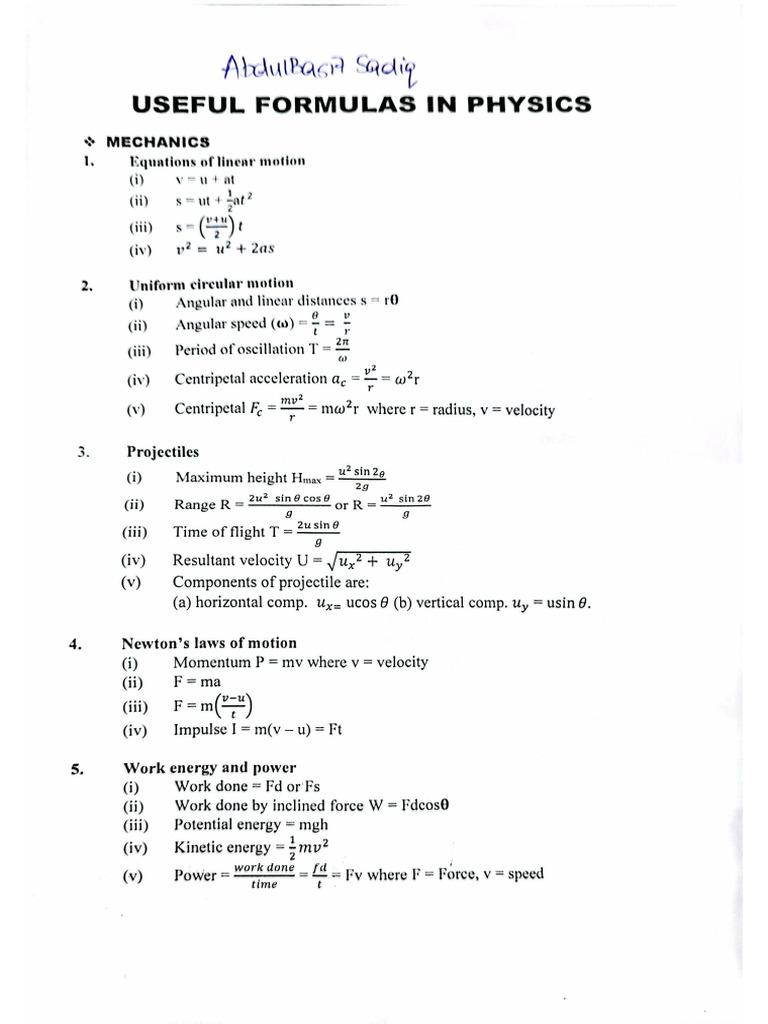 Physics Formula Sheet | PDF