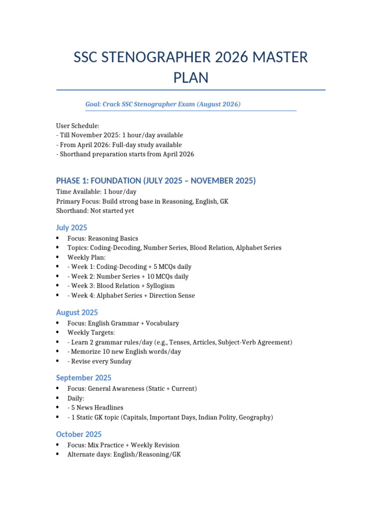SSC Stenographer 2026 Study Plan | PDF