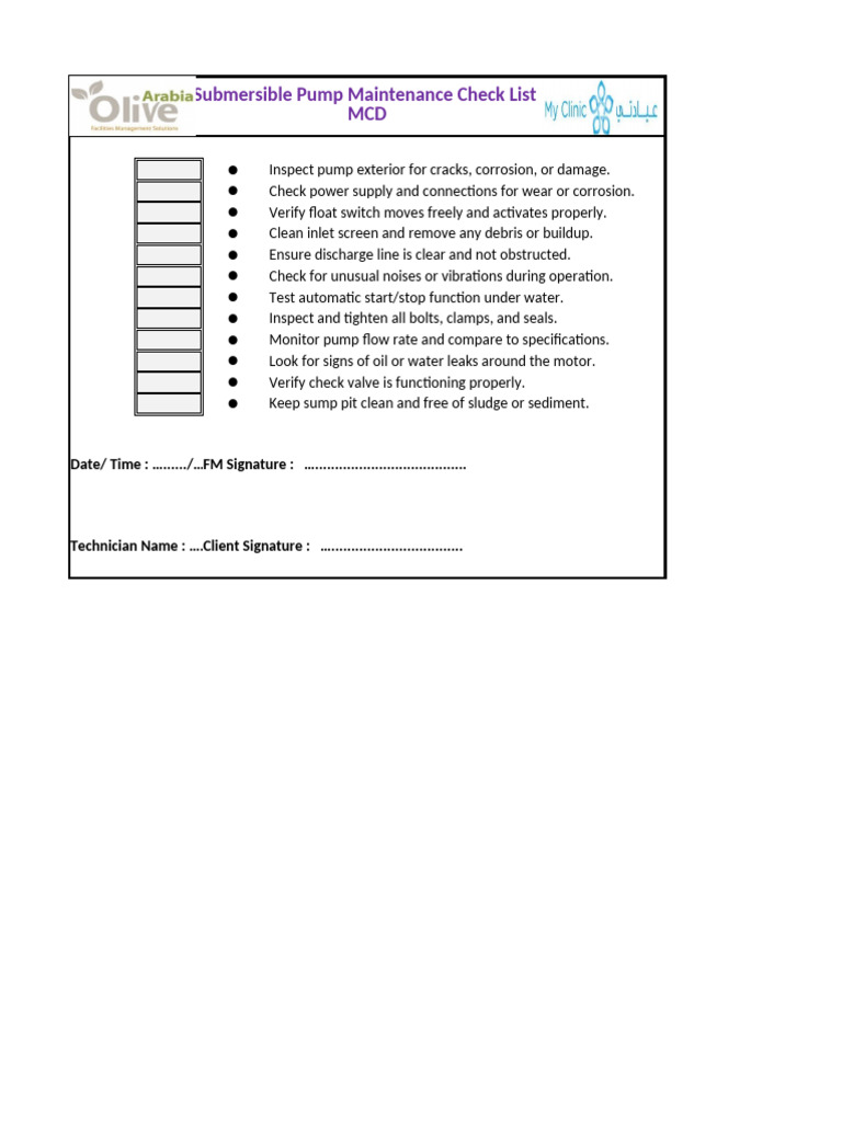 MCD - Submersible Pump Querterly PPM Check List | PDF