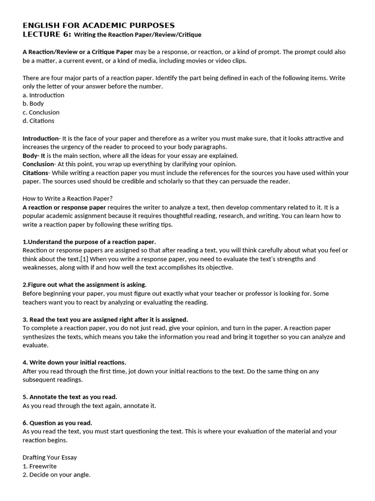 LECTURE 6 Writing The Reaction Paper Review Critique | PDF | Essays | Citation