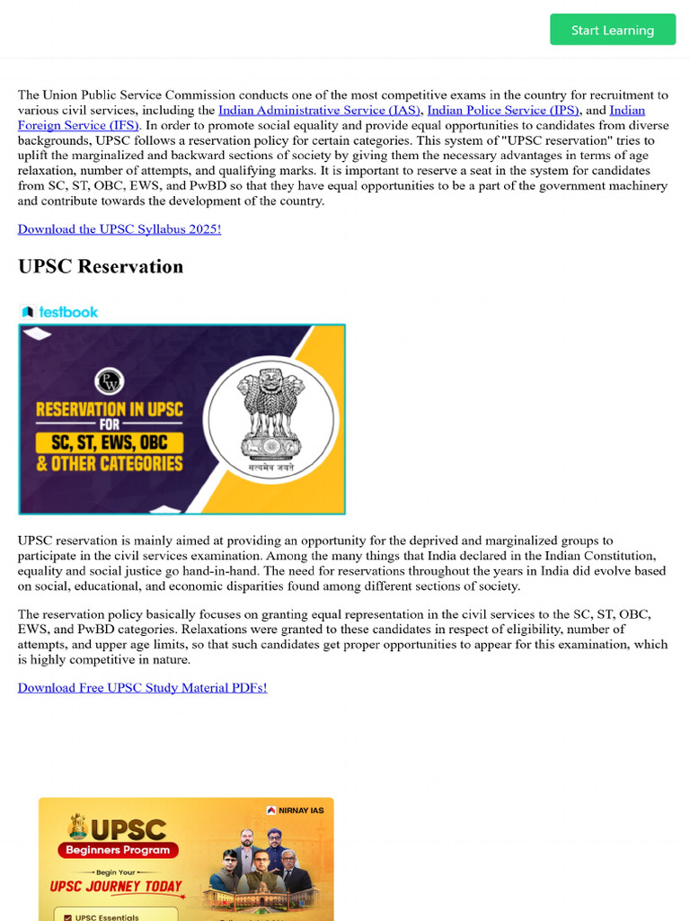 UPSC Reservation For SC - ST - OBC - EWS & PWBD Categories | PDF
