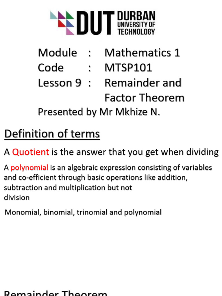 Lesson 9 Remainder and Factor Theorem | PDF | Factorization | Polynomial