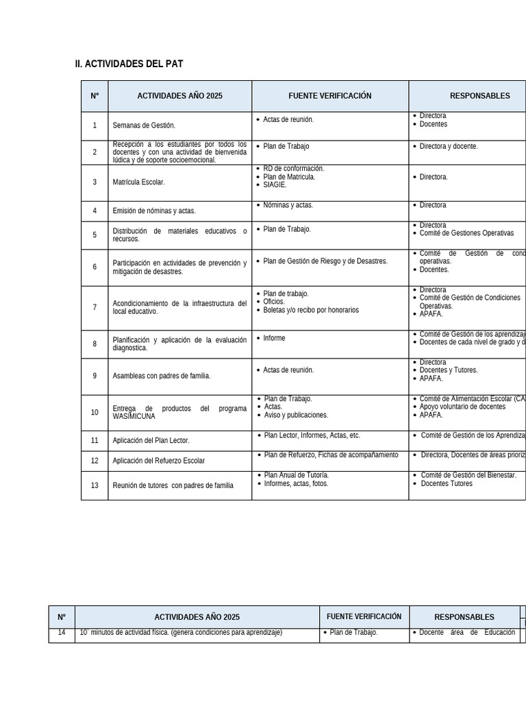 Actividades del PAT 2025: Planificación y Gestión | PDF | Educación ...