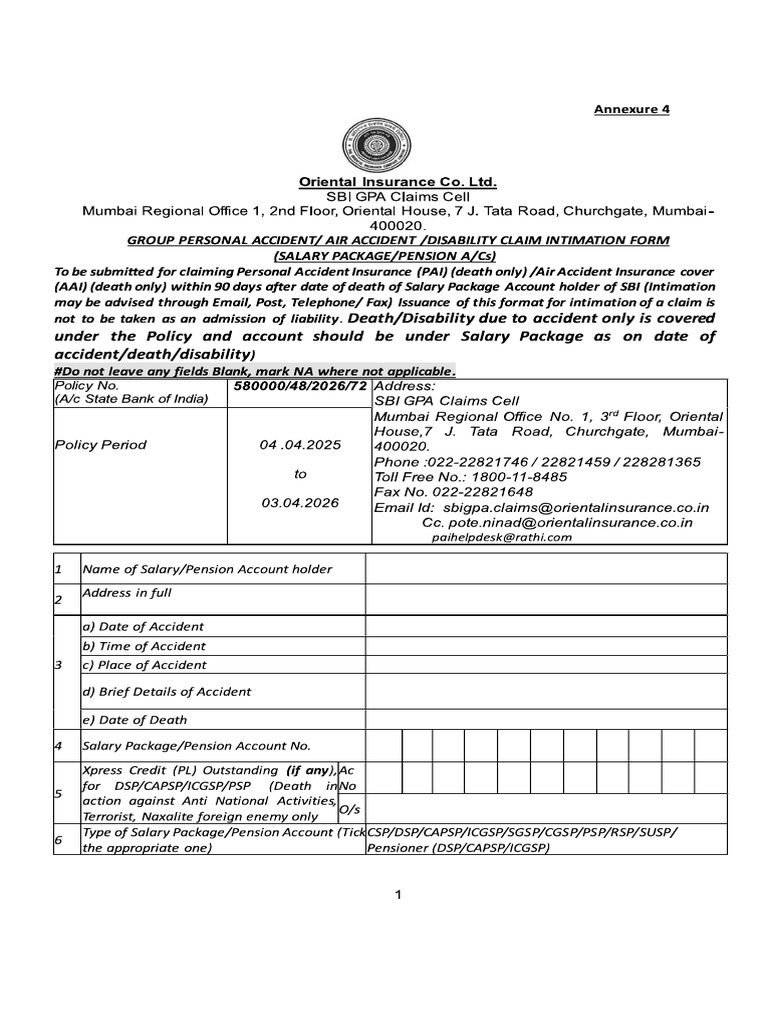 SBI PAI Claim Intimation | PDF