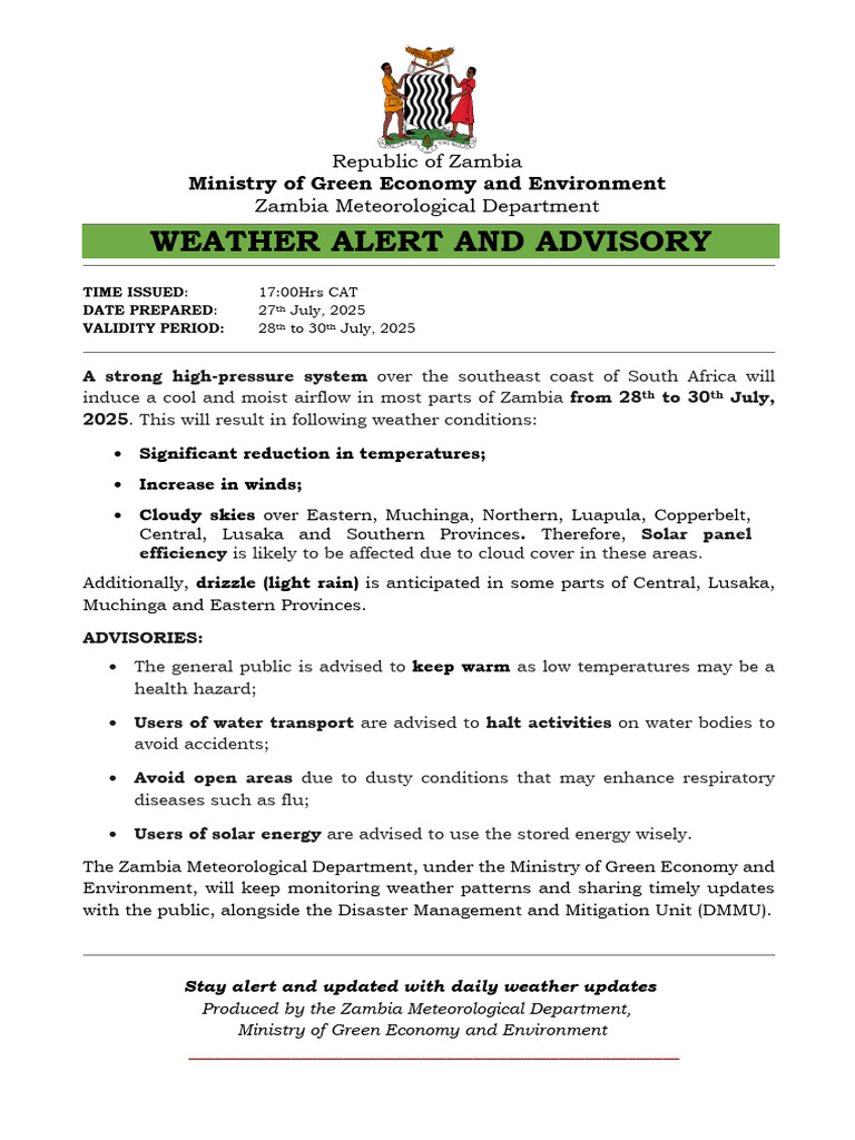 Zambia 3-Day Weather Advisory | PDF