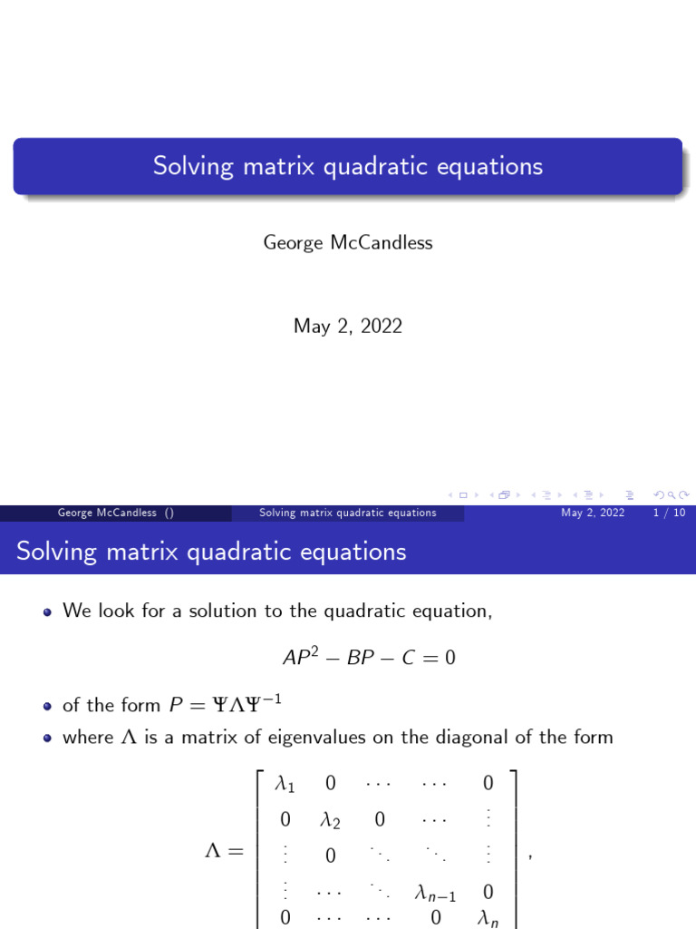 Solving Matrix Quadratic Equation | PDF | Eigenvalues And Eigenvectors ...