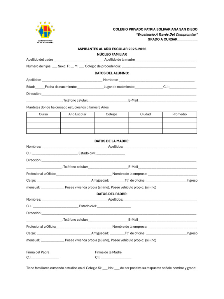 Planilla Solicitud de Cupo 2025-2026 | PDF