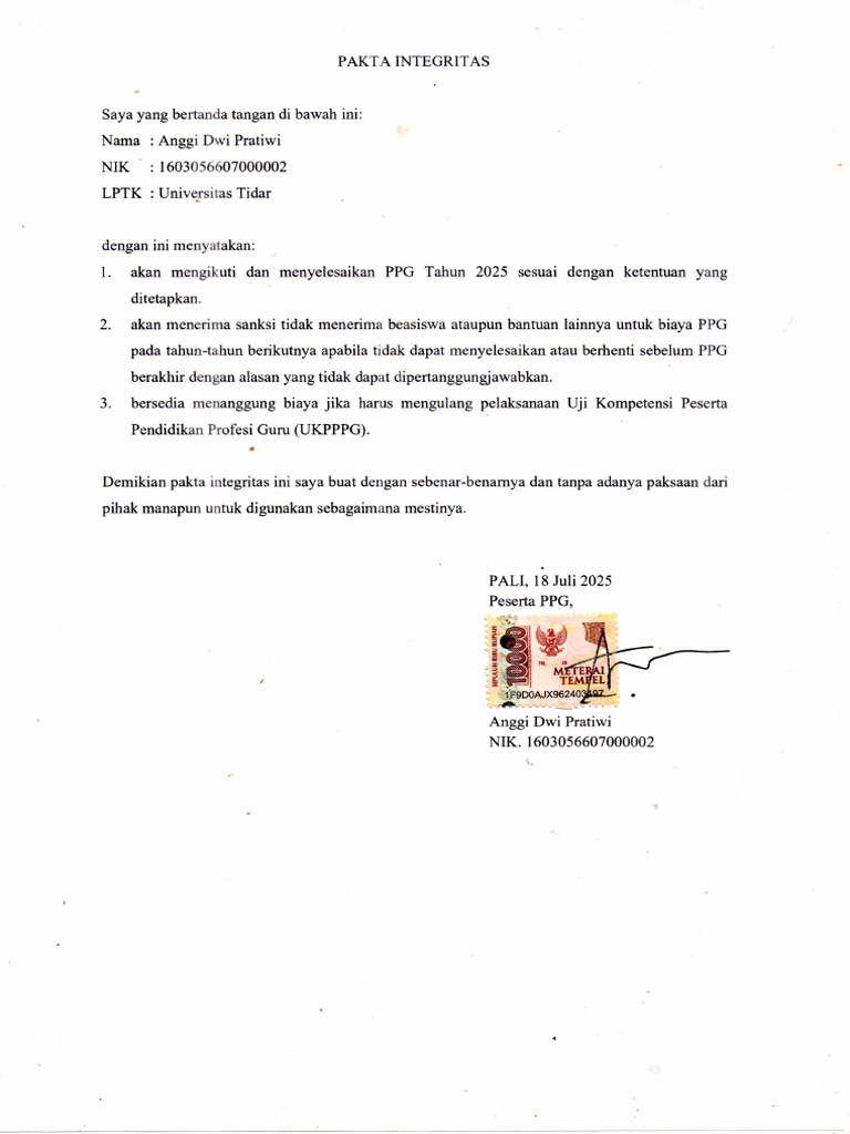 Pakta Integritas - Anggi Dwi Pratiwi | PDF