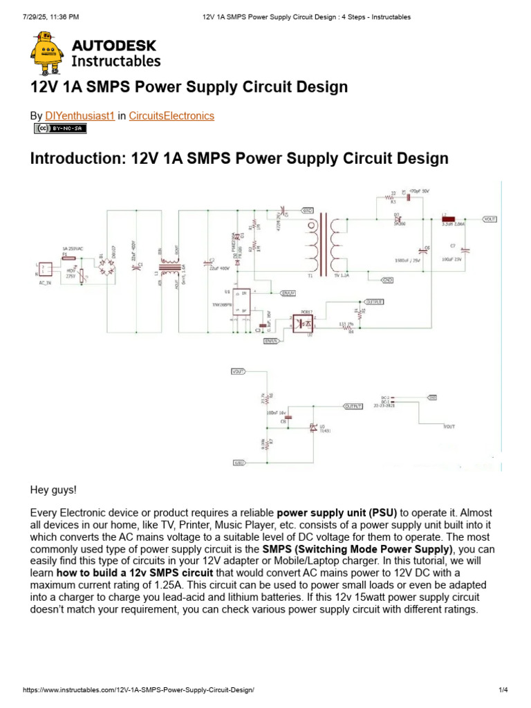 12V 1A SMPS Power Supply Circuit Design - 4 Steps - Instructables | PDF ...