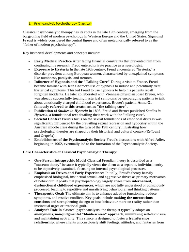 Classical Psychoanalytic Therapy Overview | PDF | Cognitive Behavioral ...