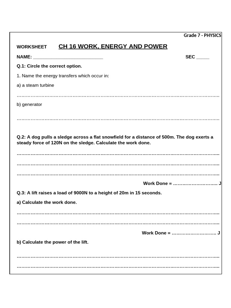 Work, Energy, and Power Worksheet | PDF | Power (Physics) | Energy ...