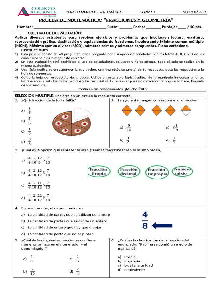 Prueba Fracciones Quinto F1 | PDF | Matemáticas | Números