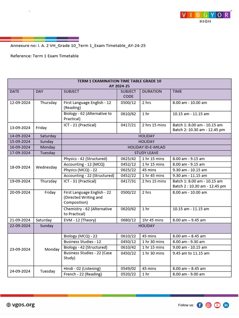 Grade 10 Term 1 Exam Timetable 2024-25 | PDF