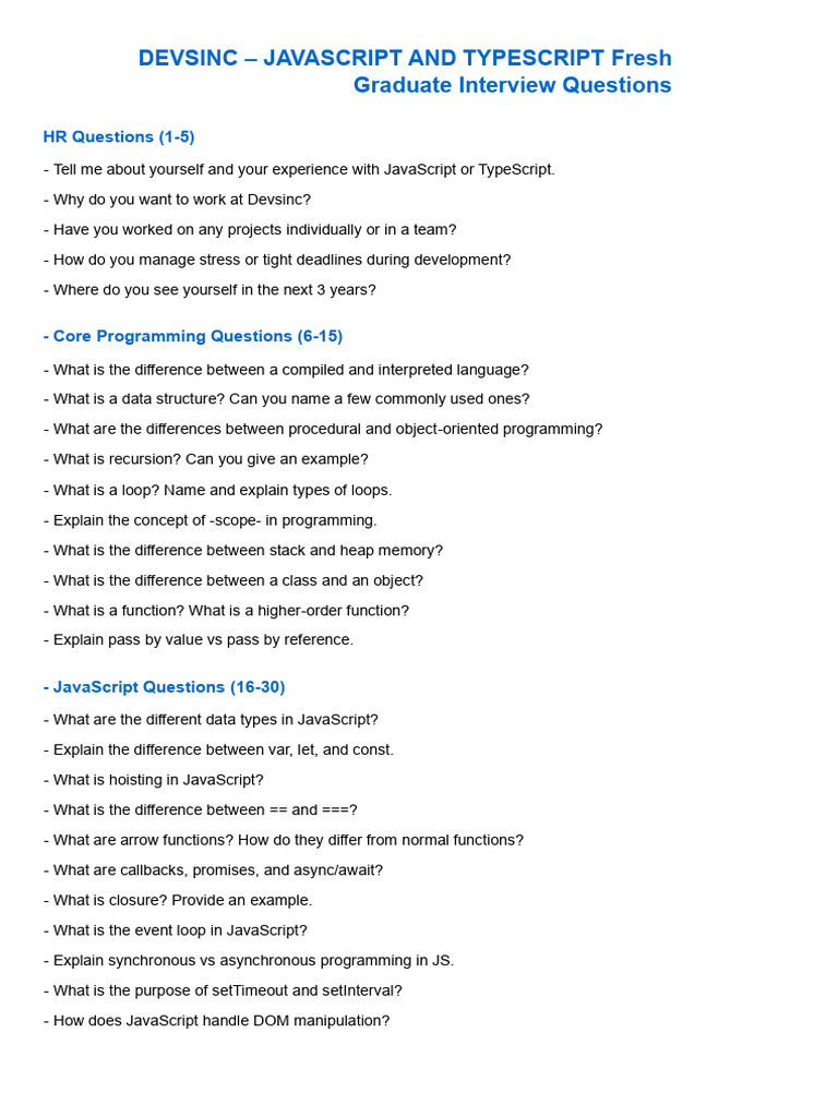 Devsinc Fresh Graduate Interview Questions | PDF | Java Script | Computer Programming