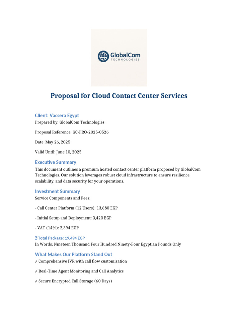 Cloud Contact Center Proposal for Vacsera | PDF