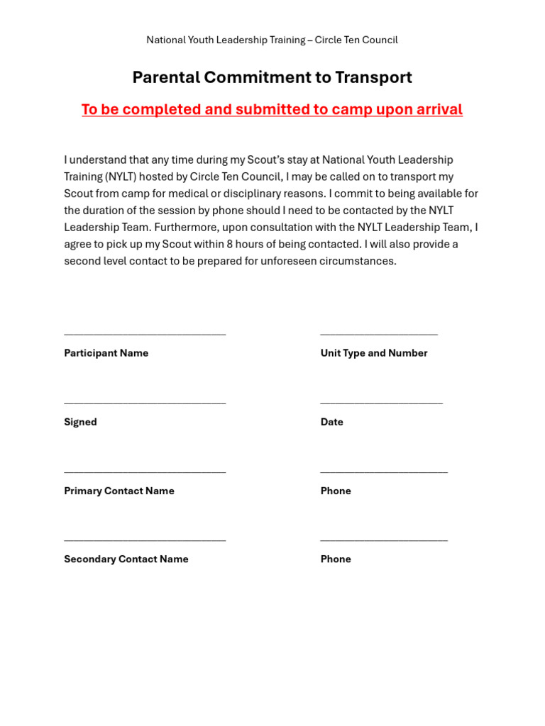 NYLT Parental Transport Commitment Form | PDF