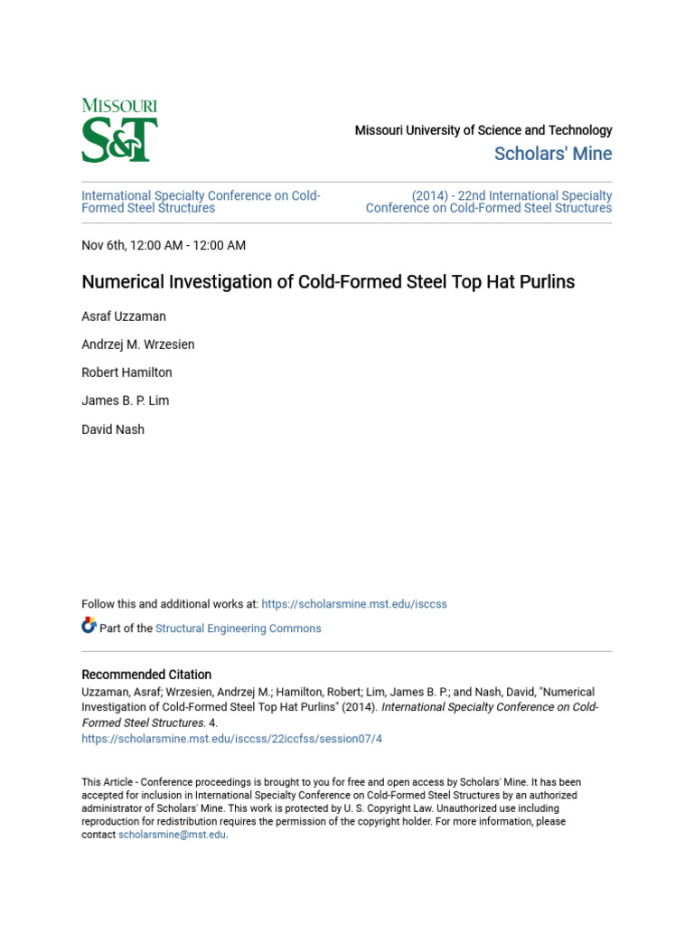 Numerical Investigation of Cold-Formed Steel Top Hat Purlins | PDF ...