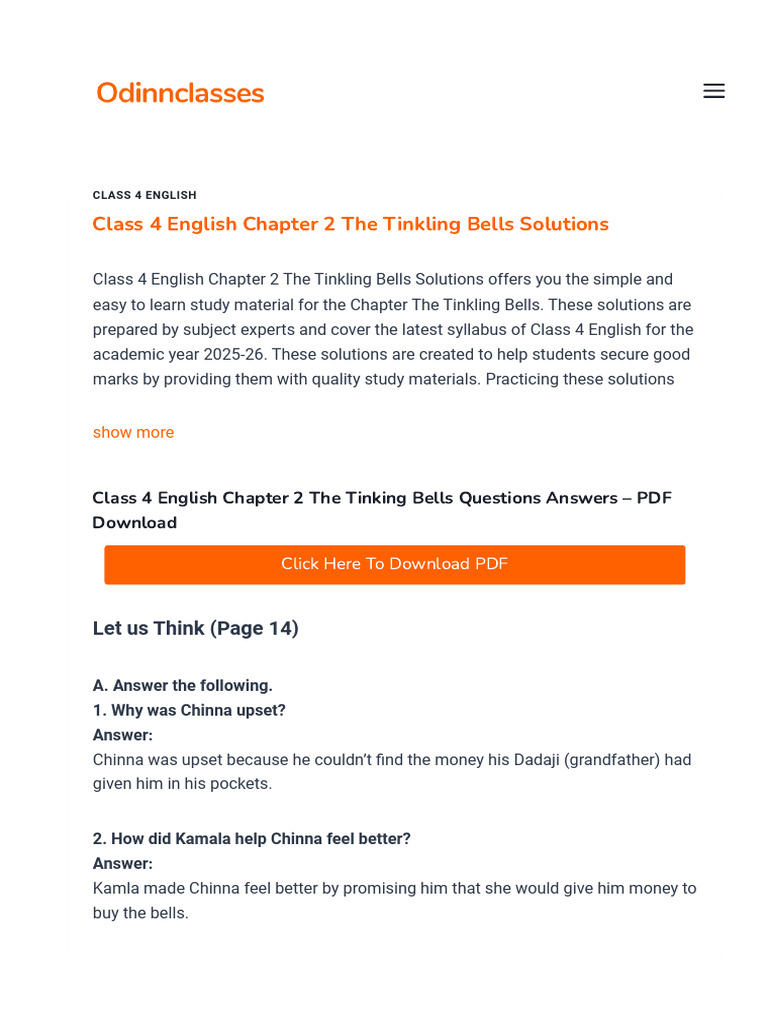 Class 4 English: Tinkling Bells Answers | PDF