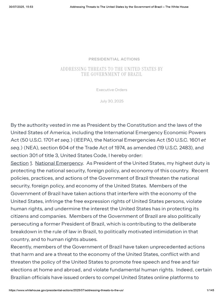 Addressing Threats To The United States by The Government of Brazil ...