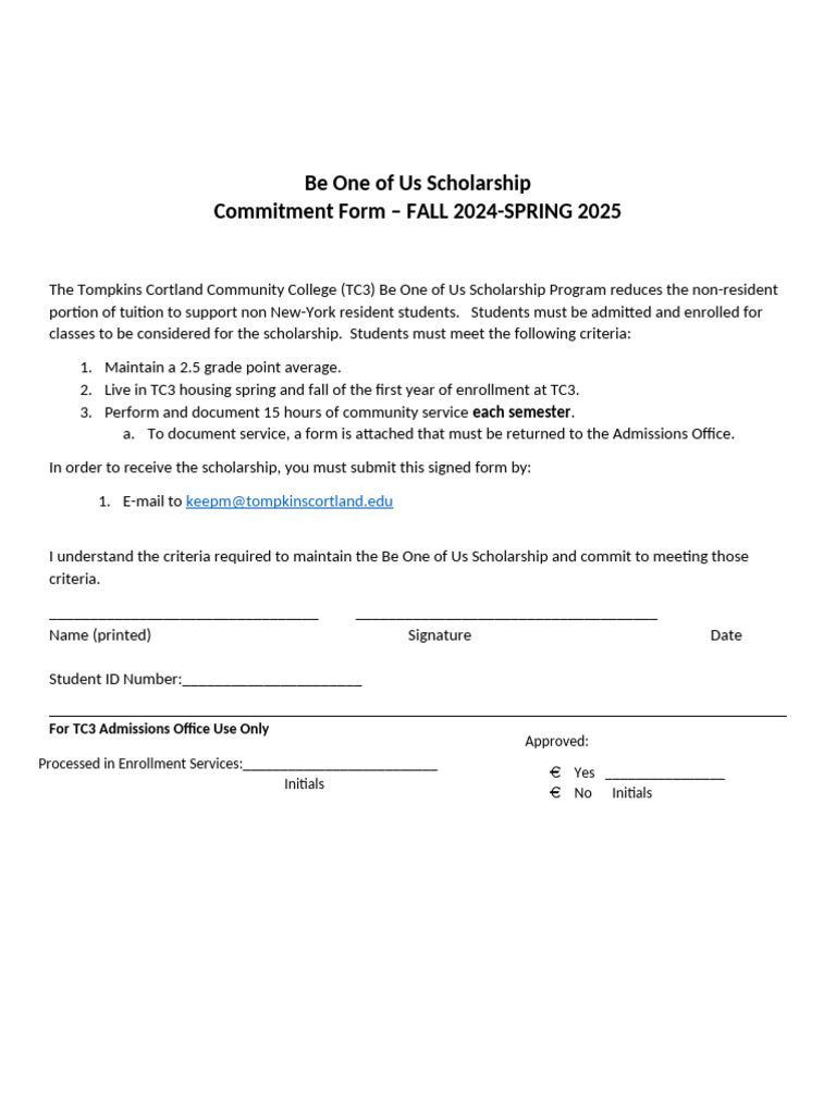 FALL 2024-SPRING 2025 Be One of Us Scholarship Commitment Form | PDF