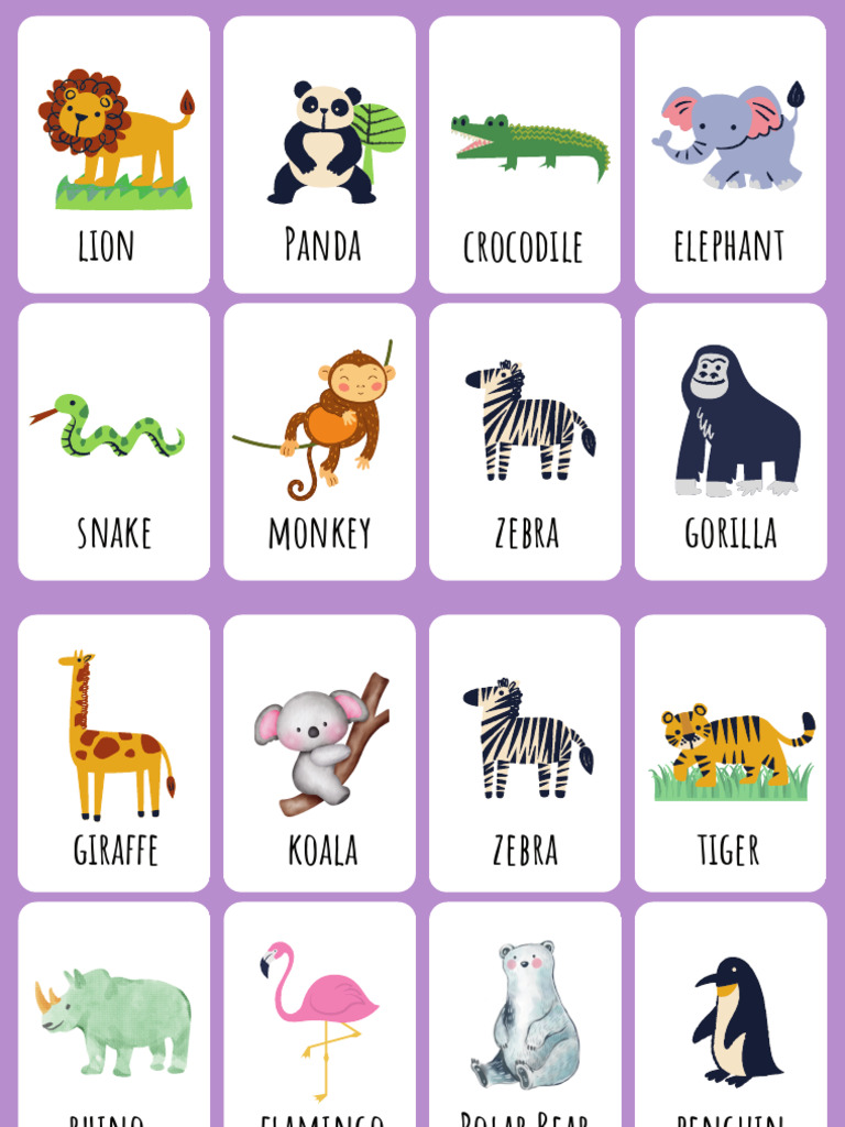 Zoo Animals Kindergarten Flashcards in Purple Illustrated Style | PDF