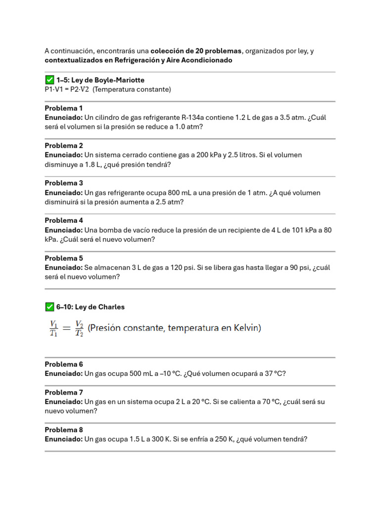 Ejercicios Ley de Boyle, Charles, Lussac y Ecuacion Combinada de Gases | PDF | Gases | Presión