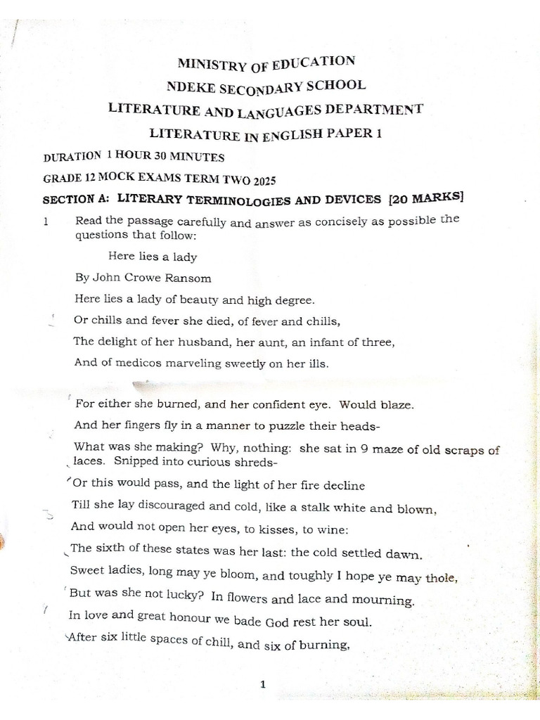 Literature p1 Mock Exam Ndeke Secondary School | PDF