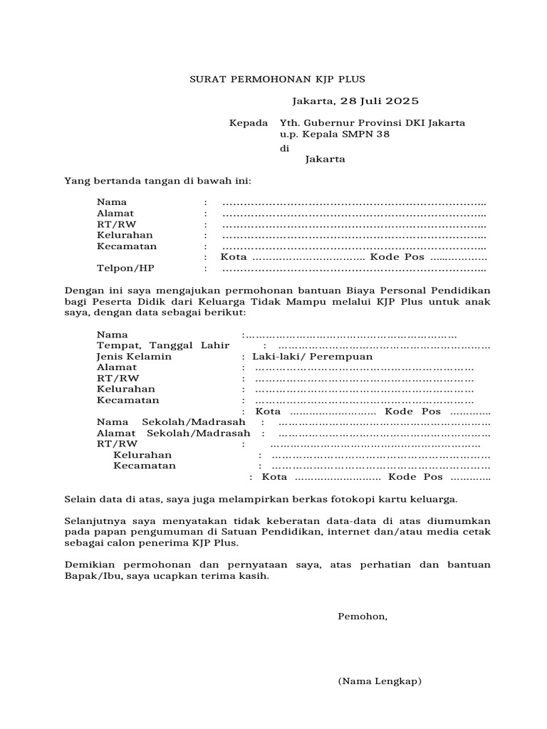 Surat Permohonan Bansos KJP Plus SMP 38 | PDF