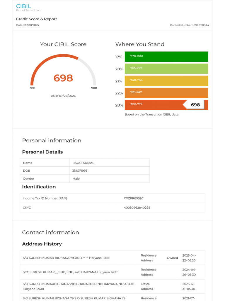 Rajat Kumar Cibil Score | PDF