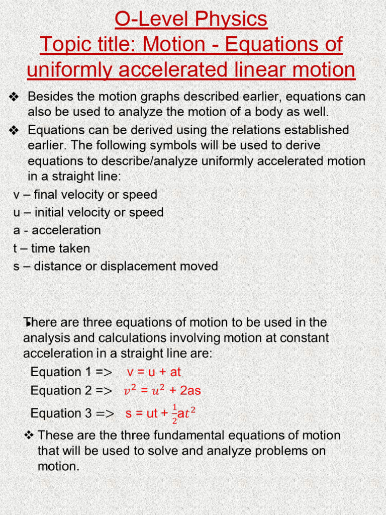 O-Level Physics - Equations of Motion Notes | PDF