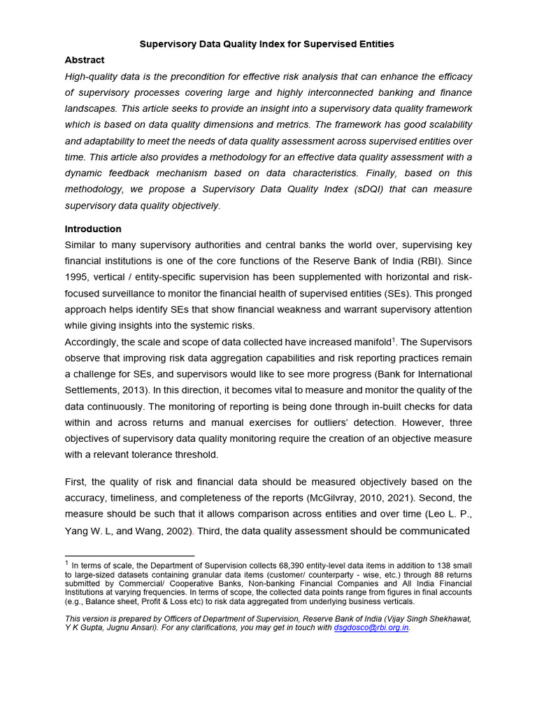 RBI Supervisory Data Quality Index For Supervised Entities | PDF | Data Quality | Data