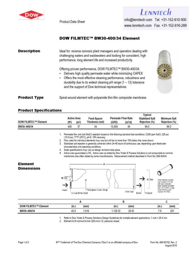 DOW FILMTEC BW30-400/34 Element Specs | PDF | Membrane | Process ...