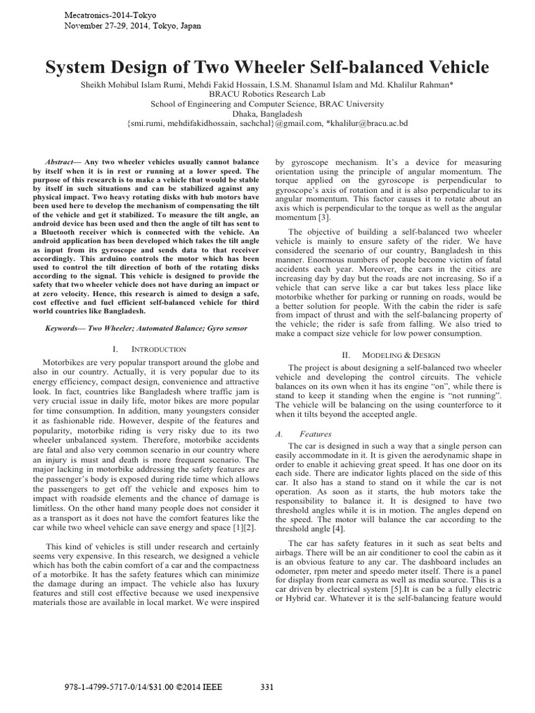 System Design of Two Wheeler Self-Balanced Vehicle | PDF | Electric ...