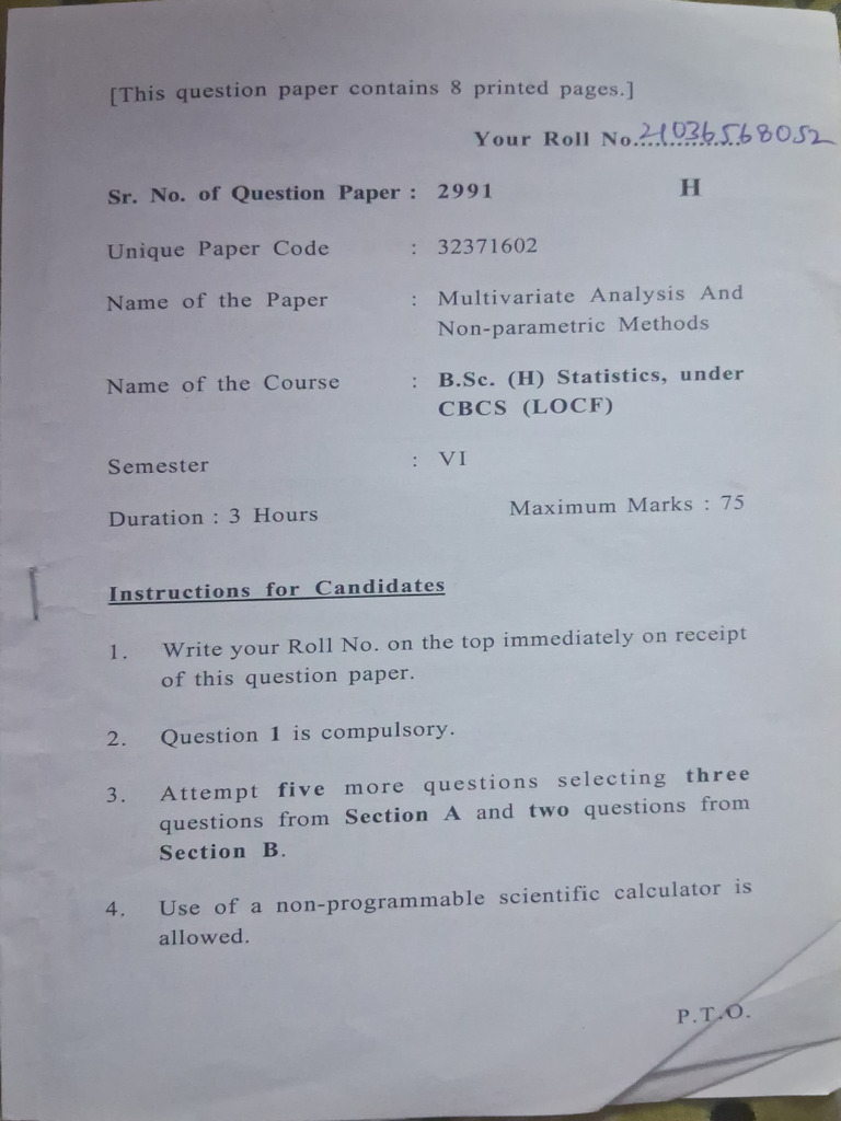 PYQ Sem 6 Multivariate Analysis and Non-Paramteric Methods | PDF | Probability Density Function ...