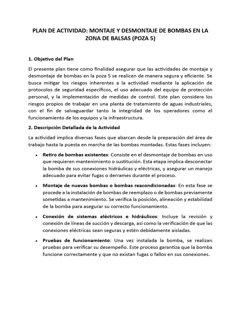 Plan de Actividad Montaje y Desmontaje de Bombas en La Zona de Balsas ...